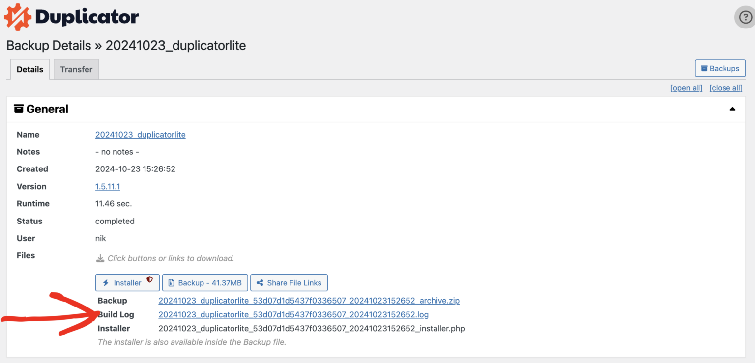 How do I read the Backup Build log? - Duplicator