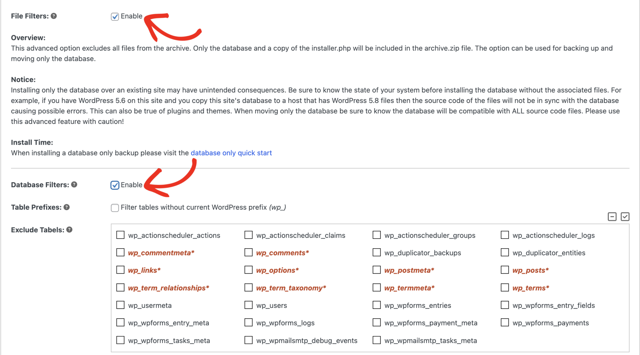 Creating Database Only Backup - Duplicator