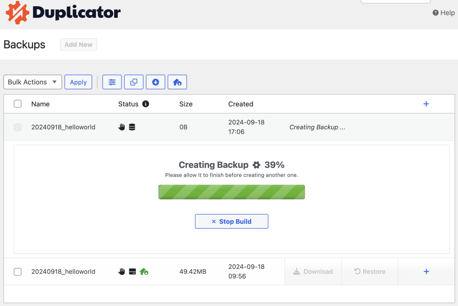 Creating Database Only Backup - Duplicator