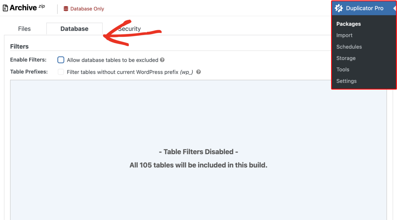 Creating Database Only Backup Duplicator