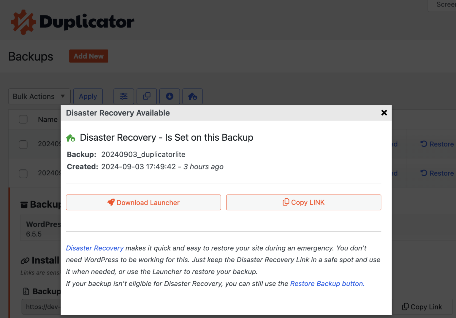 Recover Your Site Using Disaster Recovery - Duplicator